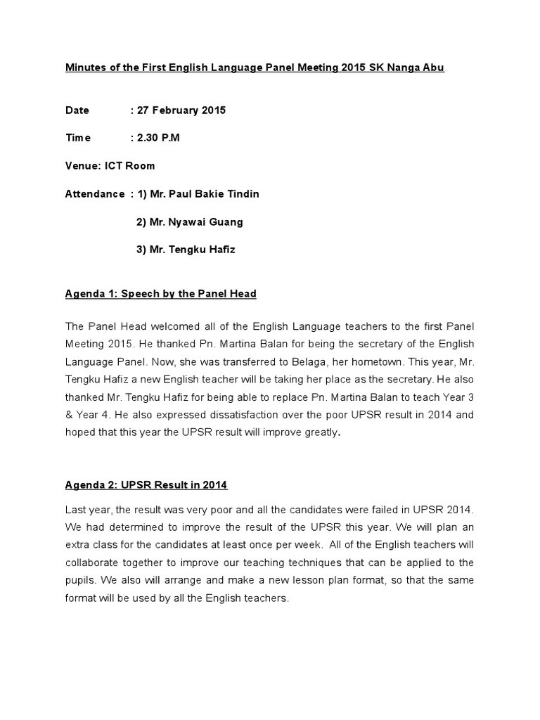 Minutes of The First English Language Panel Meeting 2015 SK Nanga Abu ...