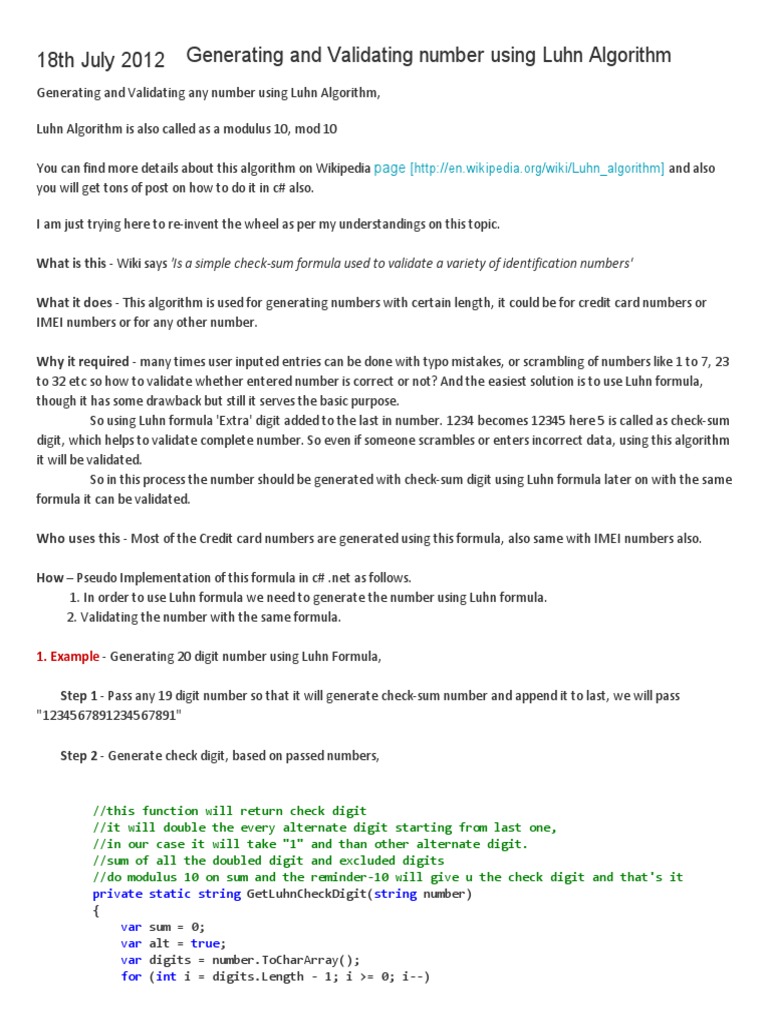 18th July 2012 Generating and Validating Number Using Luhn Algorithm ...