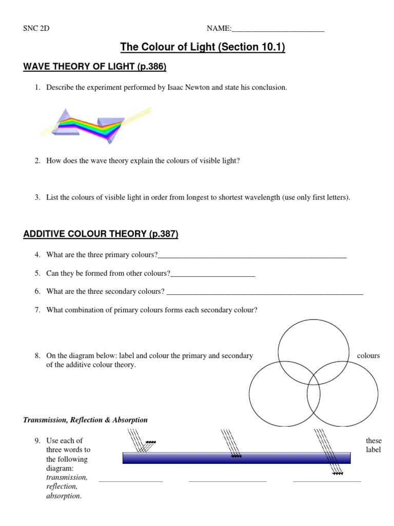 Colour Theories Worksheet SNC2D | PDF | Color | Light
