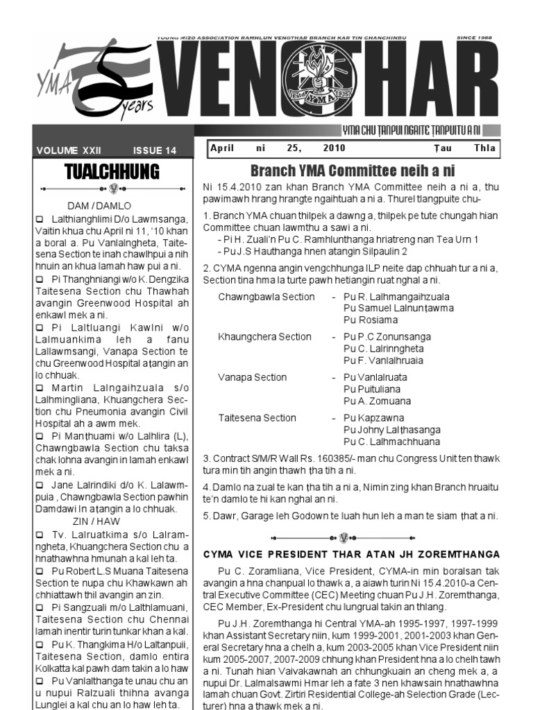 Tualchhung Tualchhung: Branch YMA Committee Neih A Ni | PDF