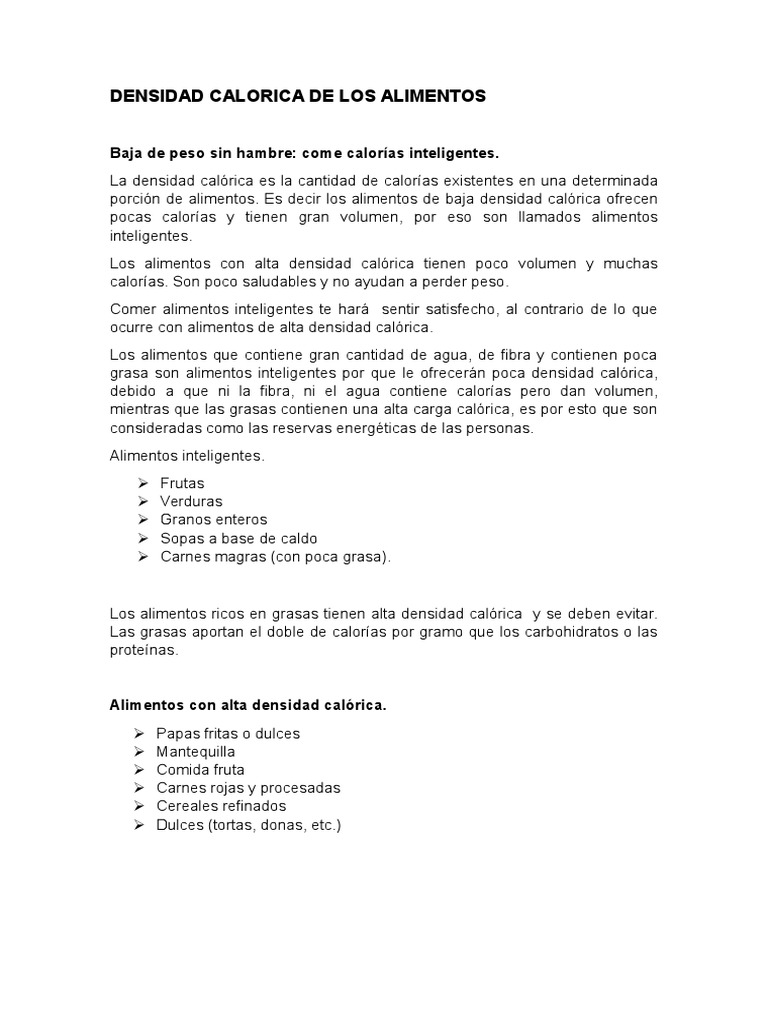 Densidad Calorica de Los Alimentos | PDF | Carne | Fibra dietética
