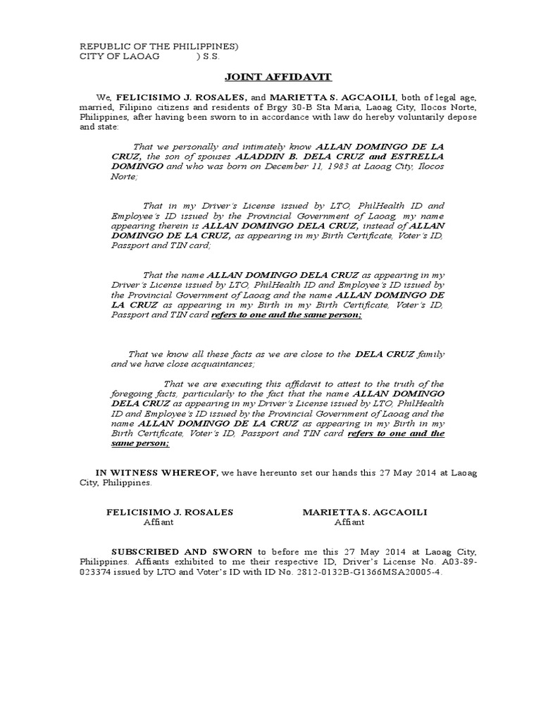 Joint Affidavit Wrong Name Affidavit - Braian Dayoan | PDF