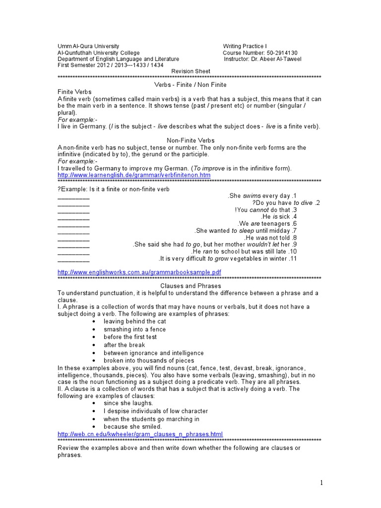 Writing One Revesion Sheet | PDF | Verb | Clause
