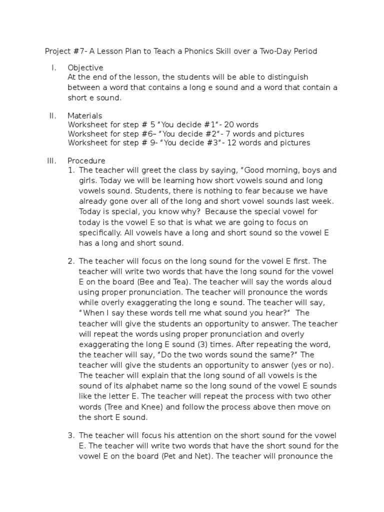Teaching Long and Short E Sounds | PDF | Phonics | Lesson Plan