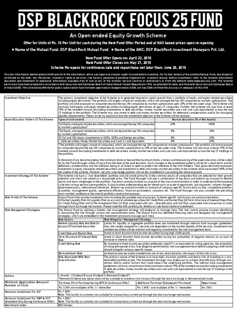 DSP Blackrock Focus 25 Fund Application Form Kim | PDF | Financial Risk | Securities (Finance)
