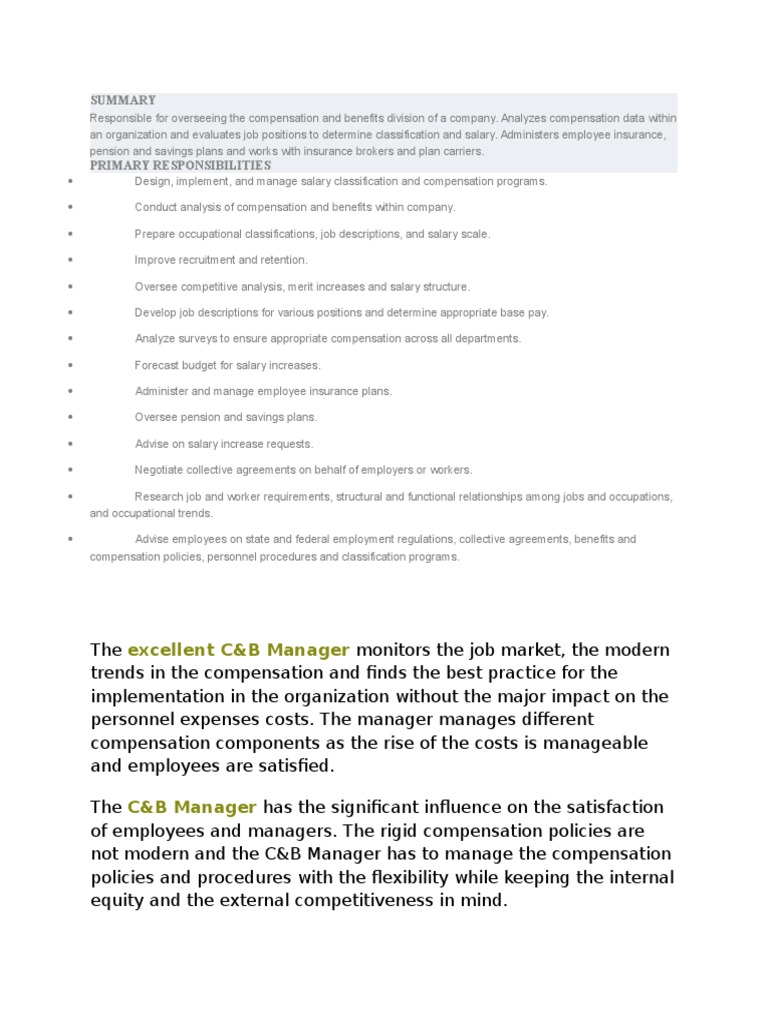 Compensation & Benefits Manager | PDF | Compensation And Benefits ...