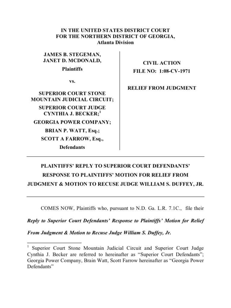 Reply to Superior Court Defendants Objection to Plaintiffs' Rule 60(b ...