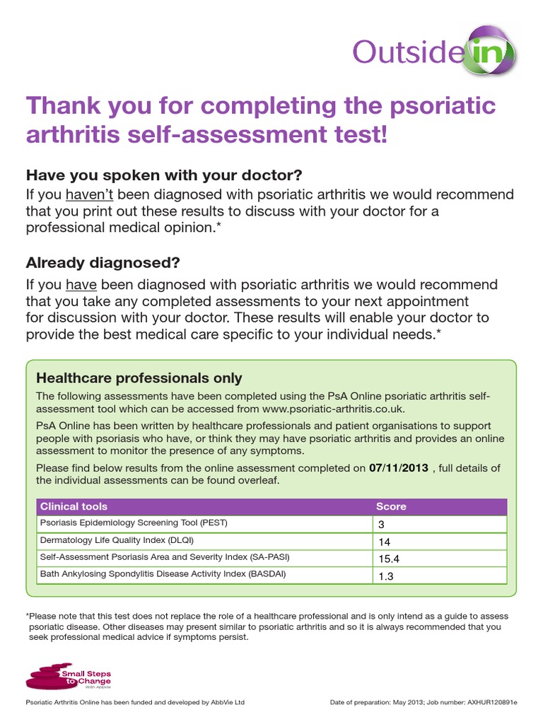 Thank You For Completing The Psoriatic Arthritis Self-Assessment Test ...