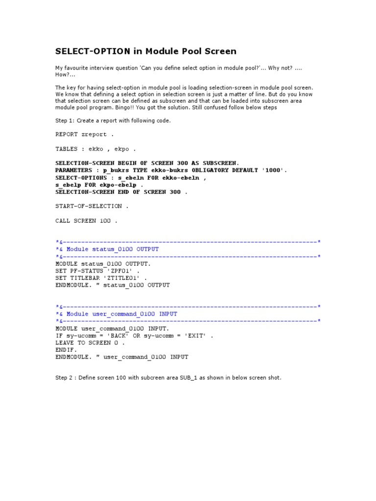 Module Pool Select-Option Guide | PDF | Computer Programming | Computing