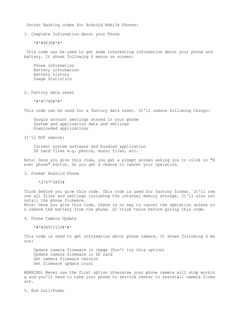 Android Mobile Codes | PDF | Android (Operating System) | Mobile Phones
