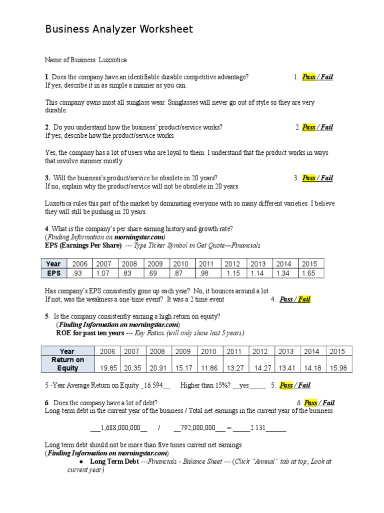 Luxottica Business Analysis Worksheet | PDF | Price–Earnings Ratio ...