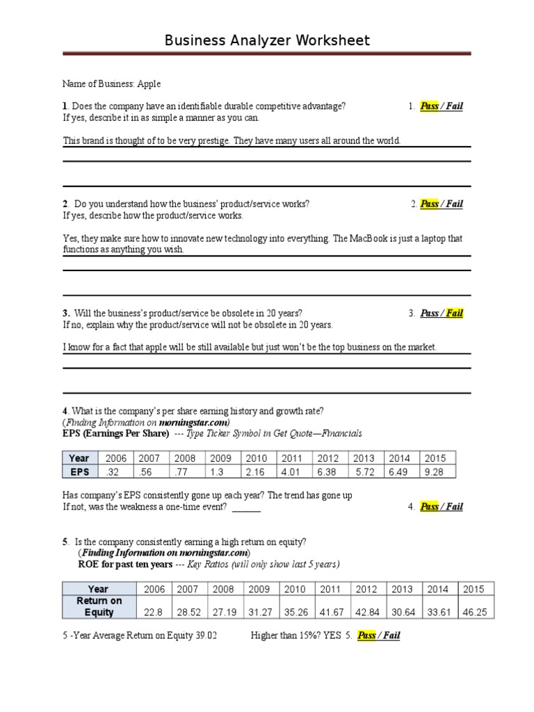 Business Analysis Worksheet 1 1 | PDF | Price–Earnings Ratio | Inflation