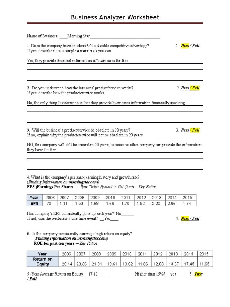 Business Liquidity Analysis Worksheet | PDF | Price–Earnings Ratio ...