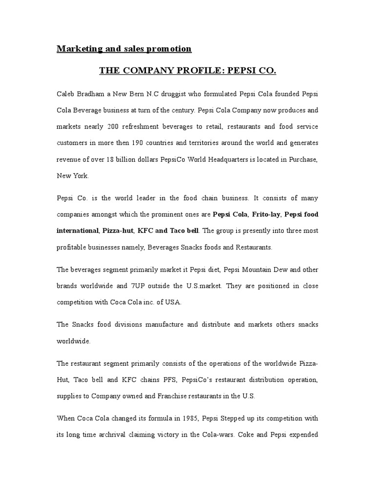 Marketing and Sales Promotion of Pepsi | PDF | Pepsi | Pepsi Co