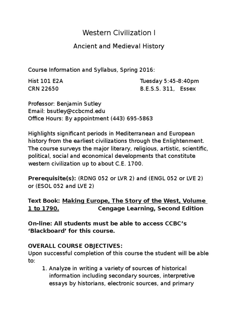 Western Civilization I Course Syllabus | PDF | Historian | Academic Term
