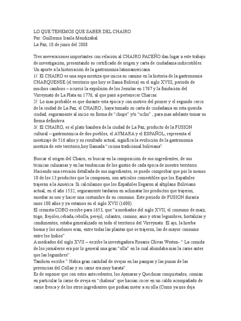 Historia del Chairo Paceño | PDF | Alimentos | Cocina