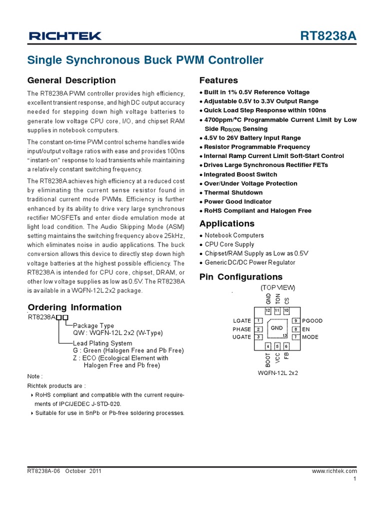 Single Synchronous Buck PWM Controller: Features General Description | PDF | Mosfet | Capacitor