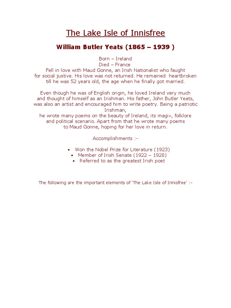 The Lake Isle of Innisfree | PDF | Poetry