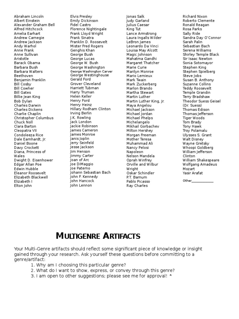 Multi-Genre Project Ideas List | PDF