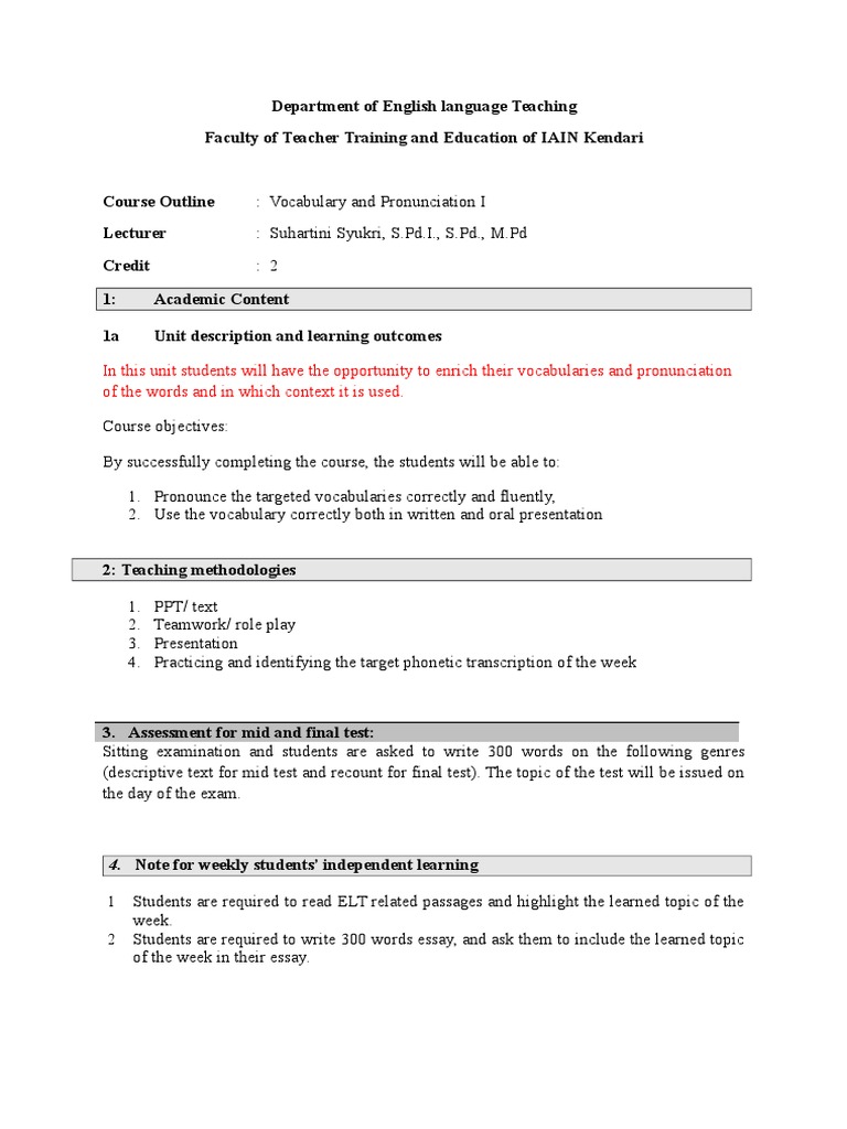 Vocabulary and Pronunciation I Course Outline | PDF | Language Arts ...