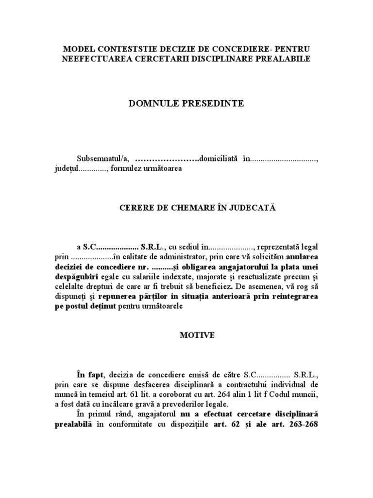 model contestatie decizie de concediere