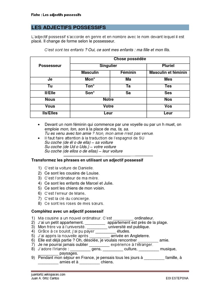 Fiche sur les adjectifs possessifs | PDF | Genre grammatical | Style ...