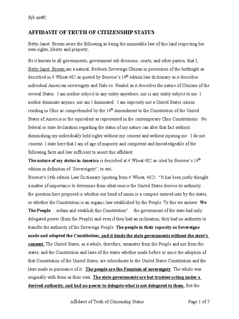 Affidavit of Truth of Citizenship Status | PDF | Citizenship | United ...