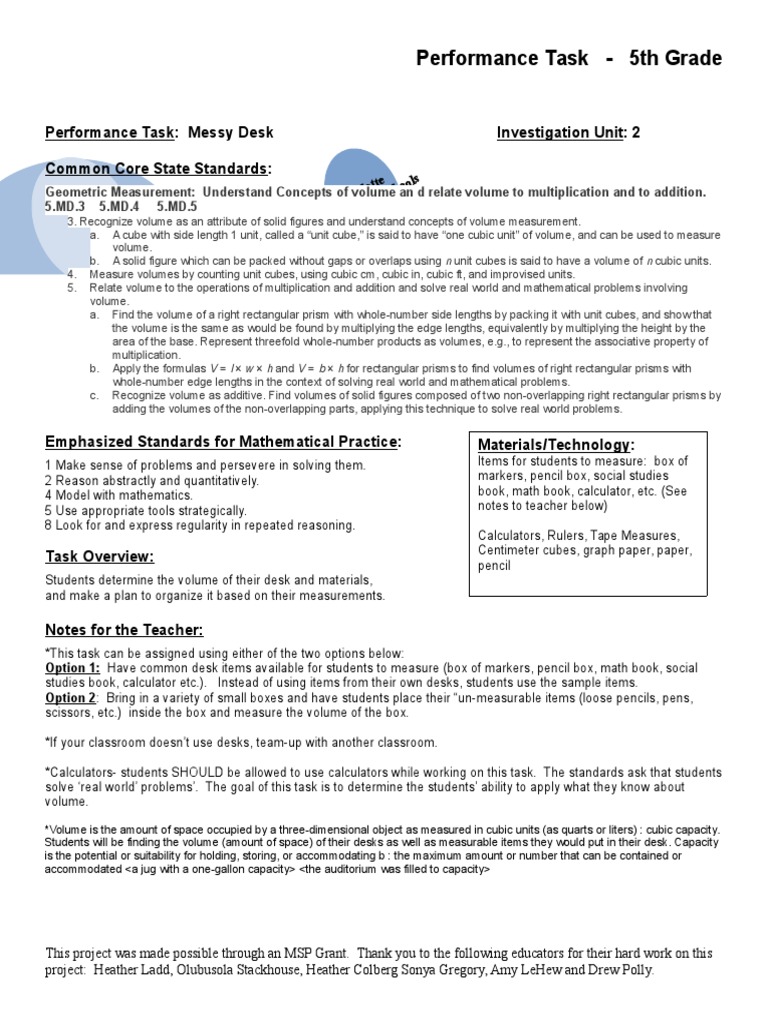 5th Grade Unit 2 Performance Task | Volume | Multiplication