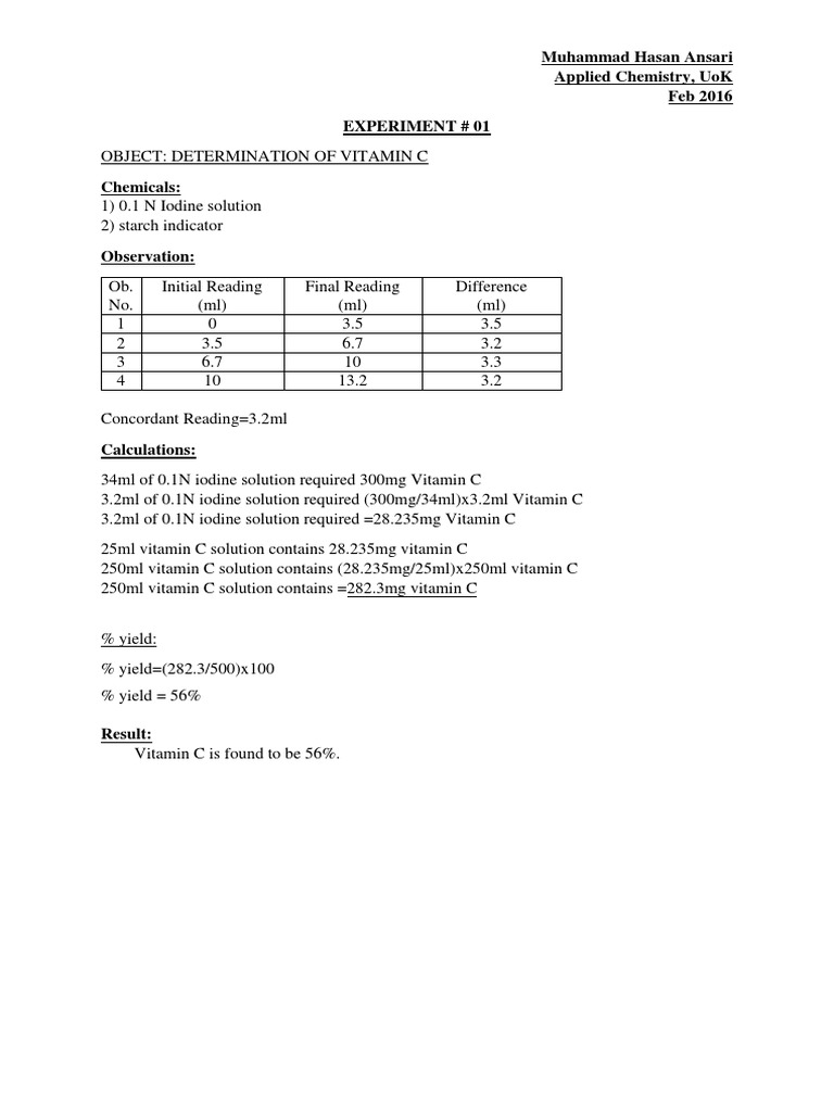 DETERMINATION OF VITAMIN C LAB REPORT | Vitamin C | Antioxidant