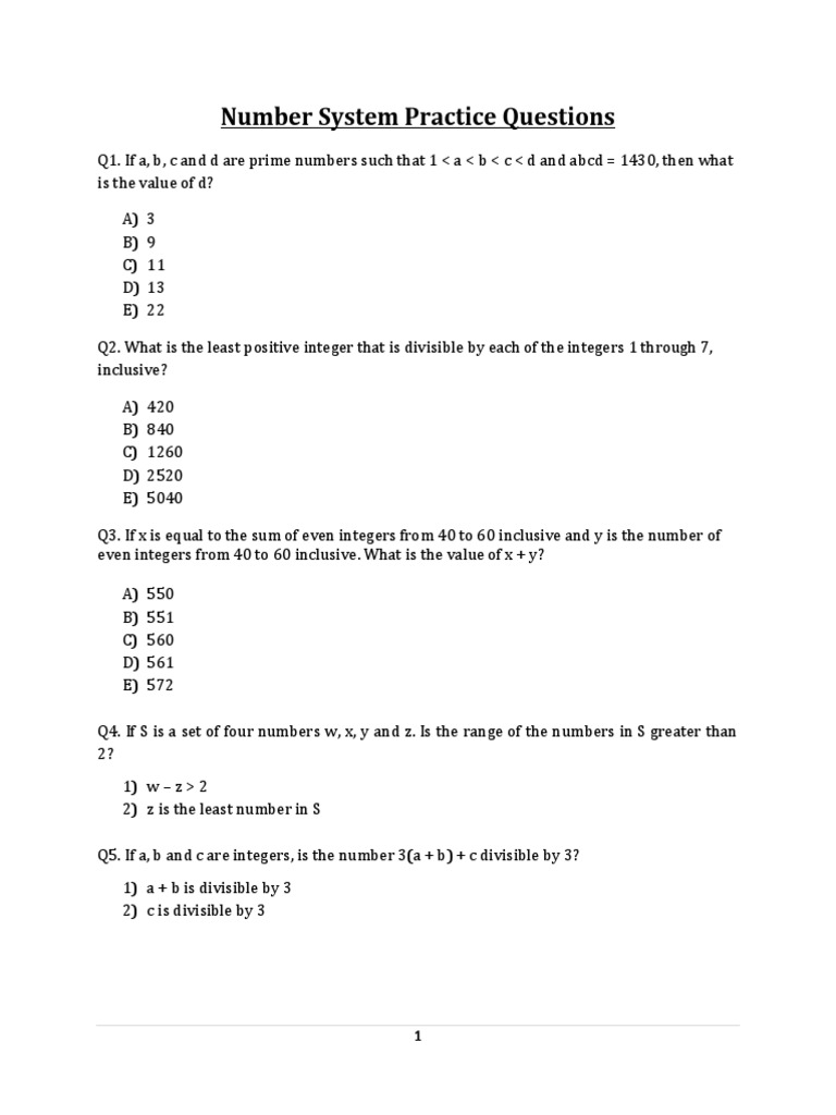 Number System Practice Questions | PDF | Integer | Prime Number