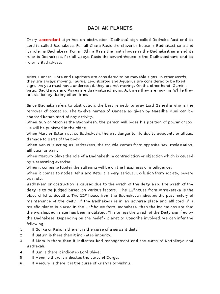 Badhak Planets | PDF | Planets In Astrology | Technical Factors Of ...