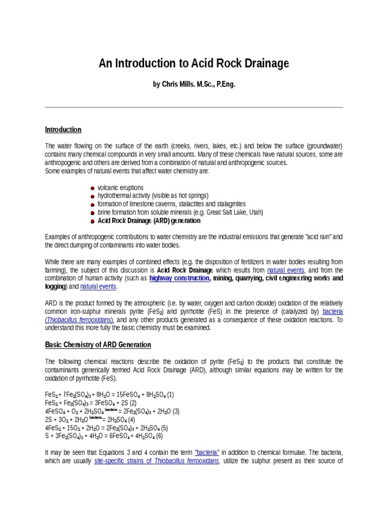 An Introduction To Acid Rock Drainage: by Chris Mills. M.SC., P.Eng ...