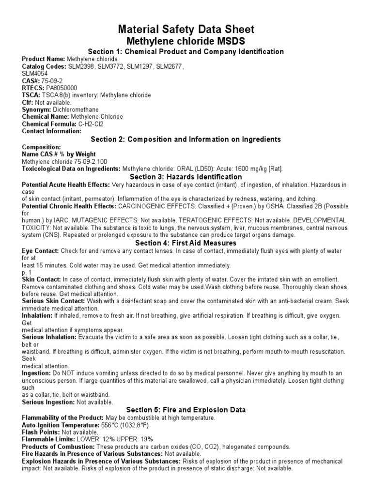 Msds Methylene Chloride | PDF | Toxicity | Personal Protective Equipment