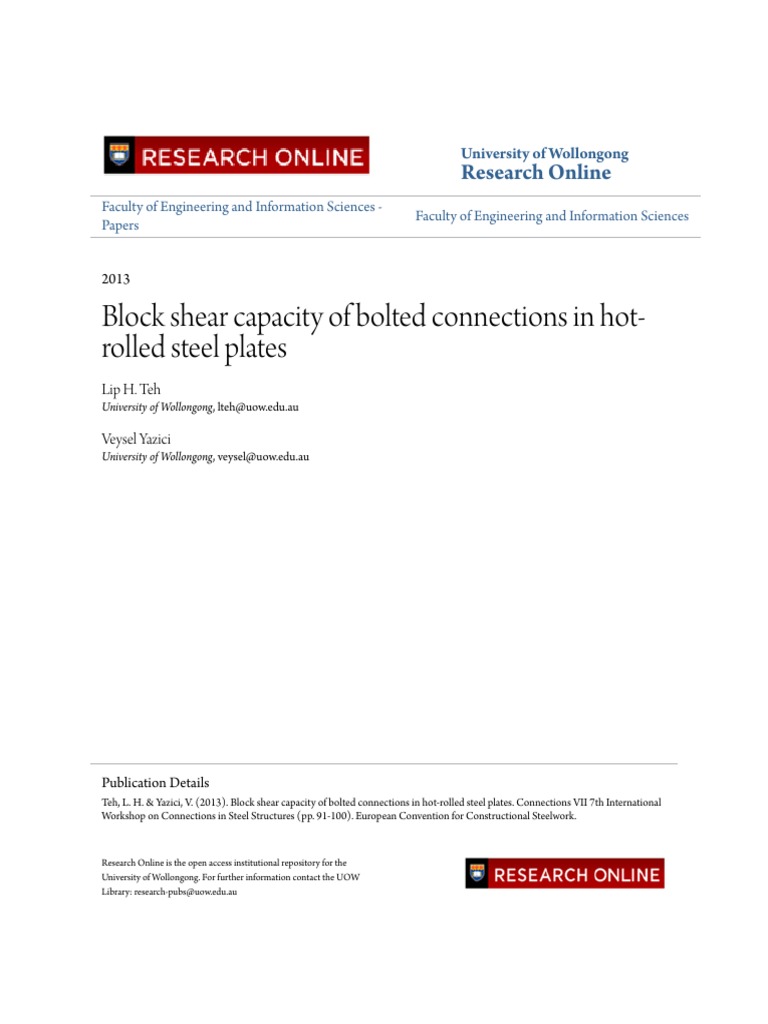 Block Shear Capacity of Bolted Connections in Hot-Rolled Steel PL | PDF ...