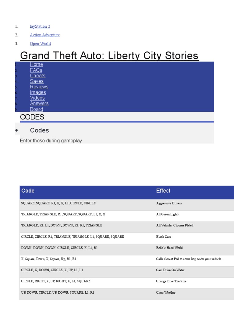 Grand Theft Auto: Liberty City Stories: Codes | PDF | Theft | Leisure
