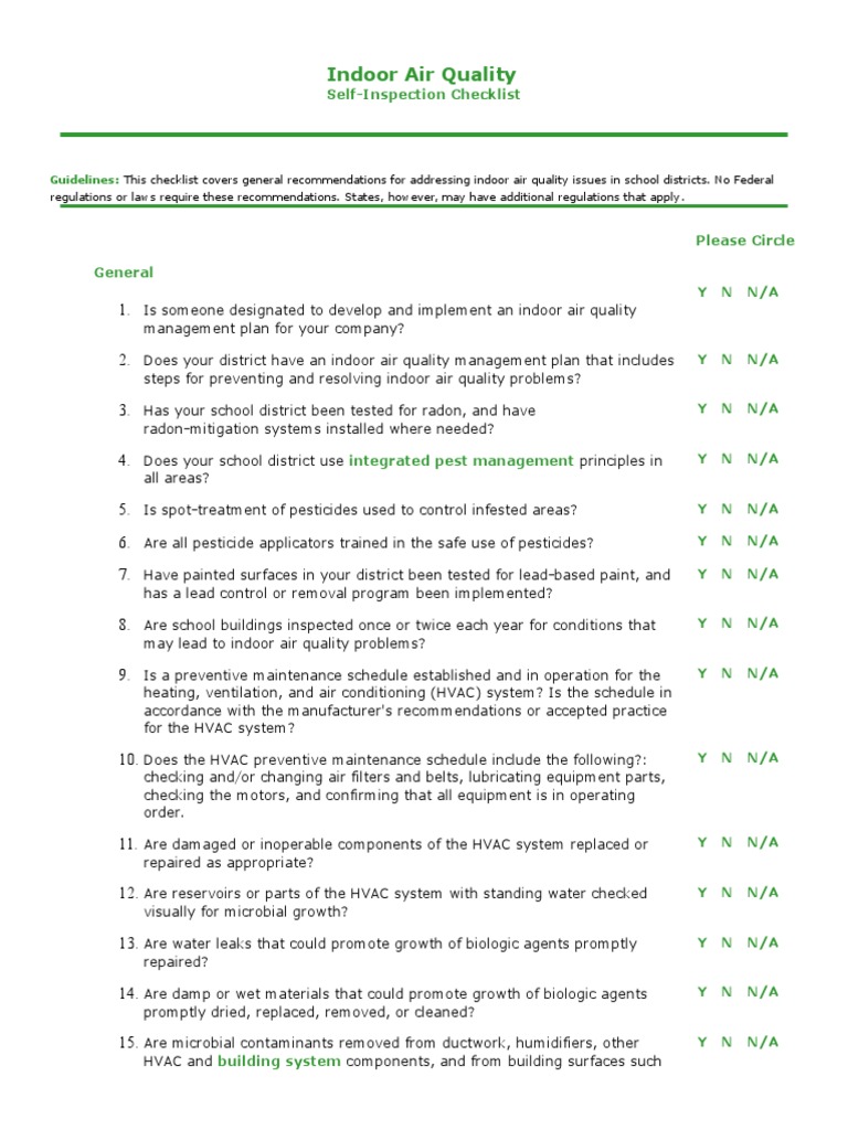 Indoor Air Quality Checklist | PDF | Hvac | Ventilation (Architecture)