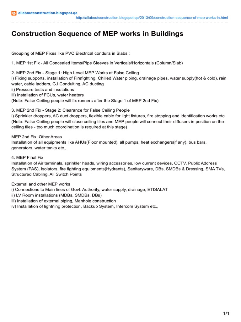 MEP Works Construction Sequence Guide | PDF | Technology & Engineering