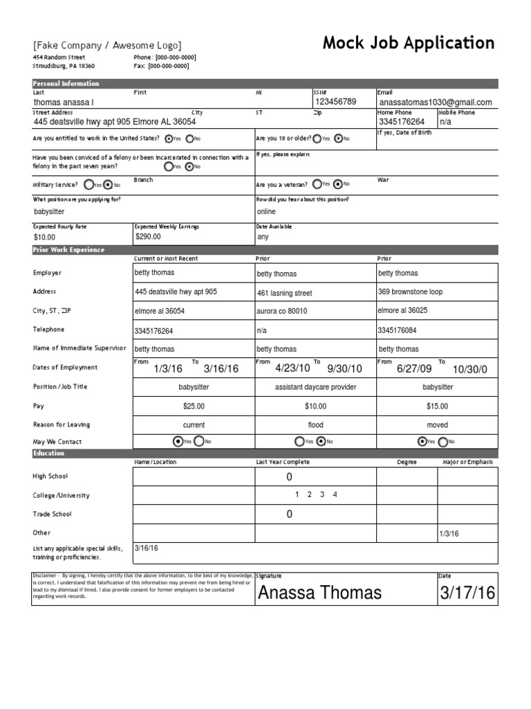 Mock Job Application Form PDF | PDF | Politics | Sports & Recreation