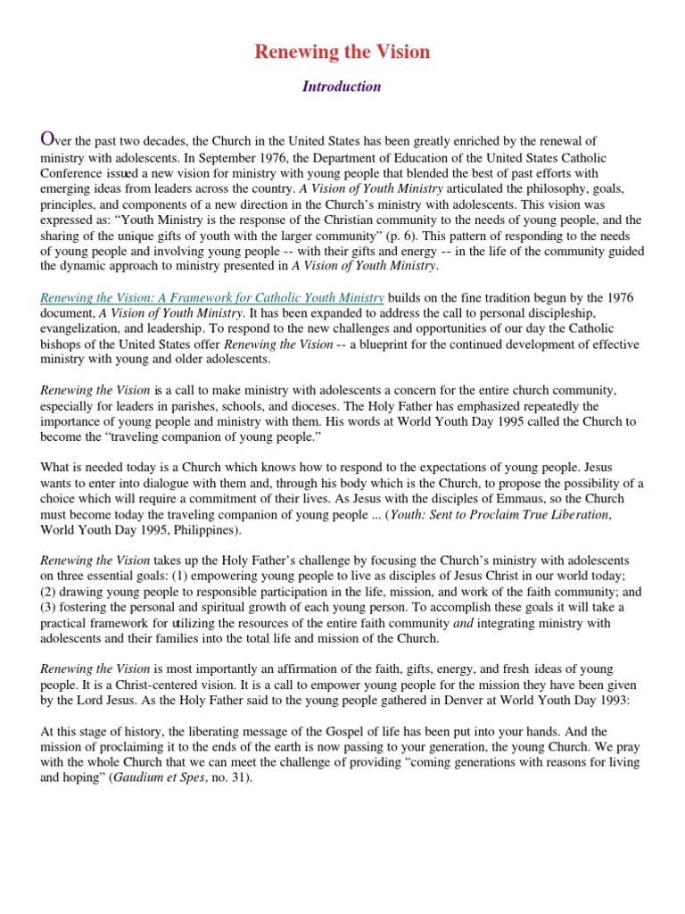 Renewing The Vision: A Framework For Catholic Youth Ministry | PDF ...