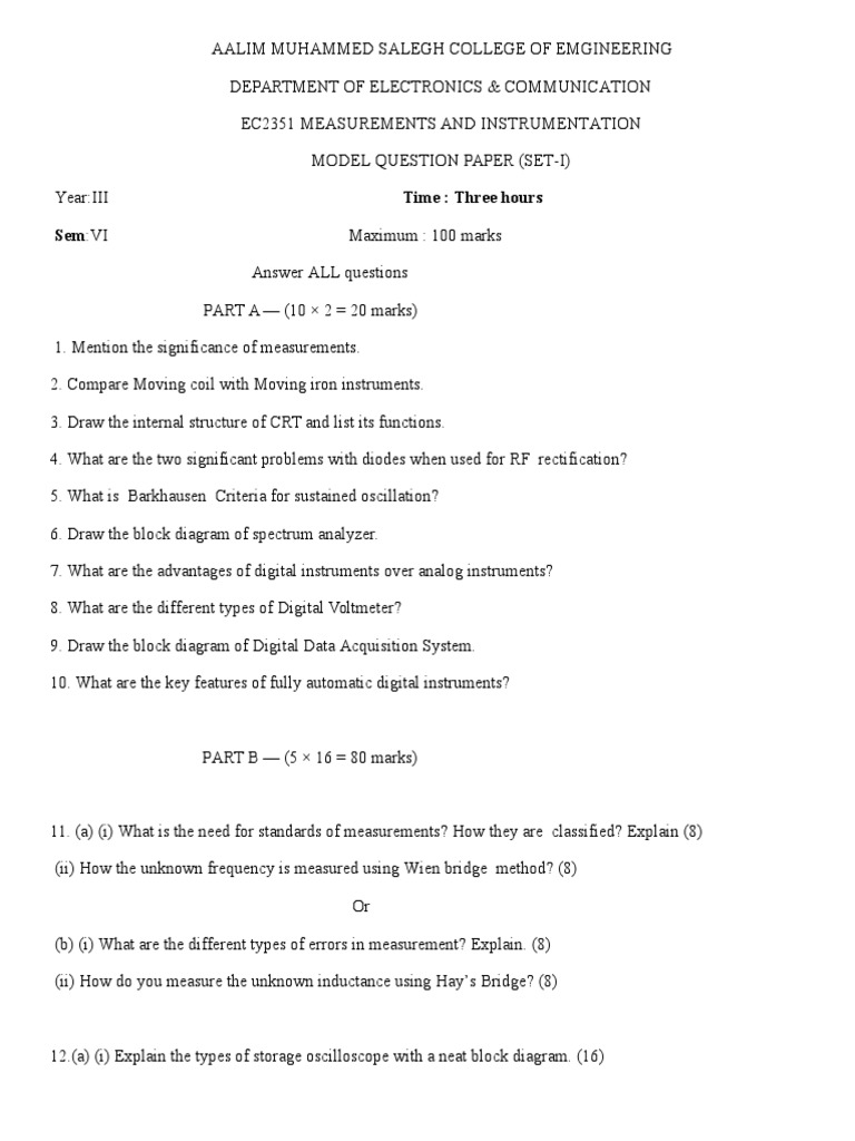 Measurements and Instrumentation Ec2351 Model Question Paper | PDF ...