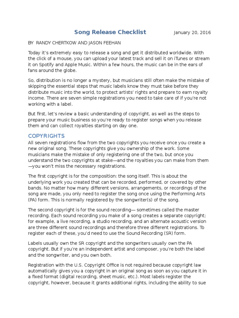 Song Release Checklist | PDF | Royalty Payment | Songwriter