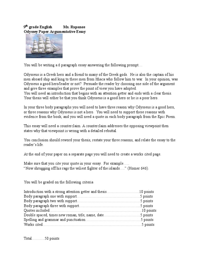 9 Grade English Ms. Rapanos Odyssey Paper Argumentative Essay | PDF ...