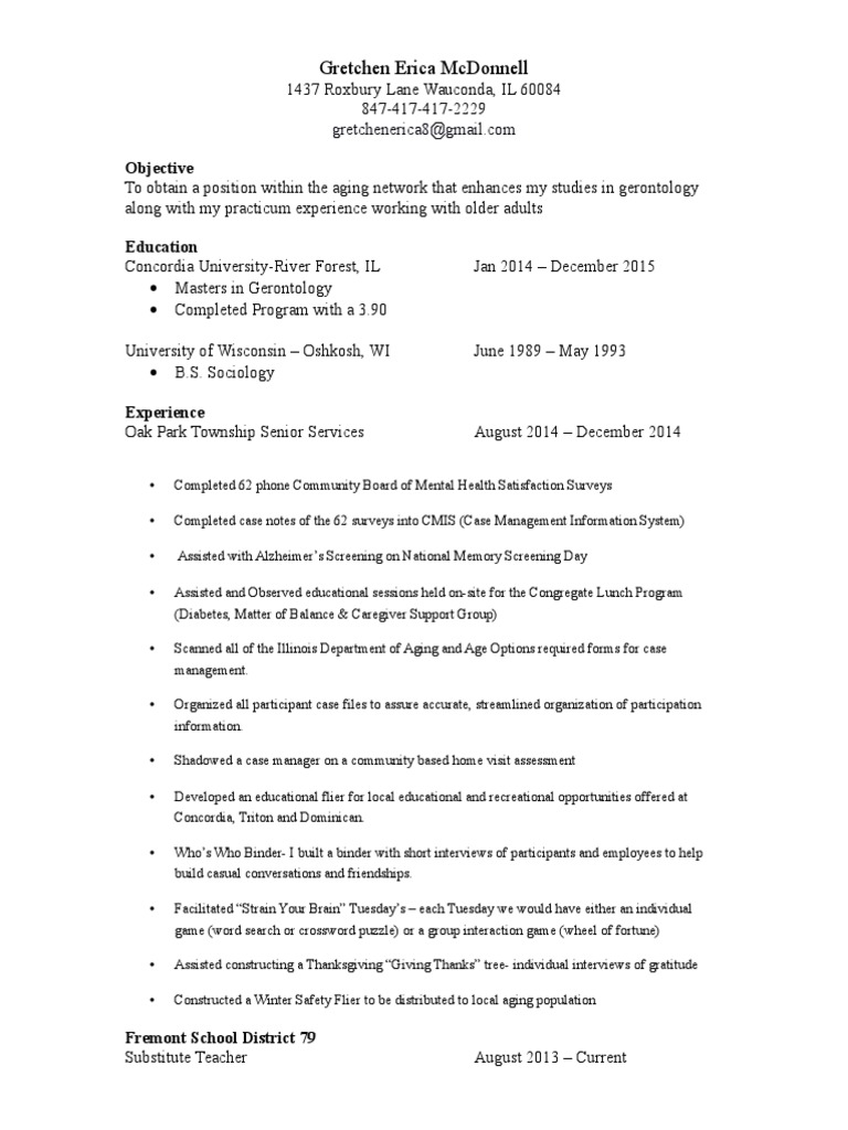 Gerontology Resume of Gretchen McDonnell | PDF