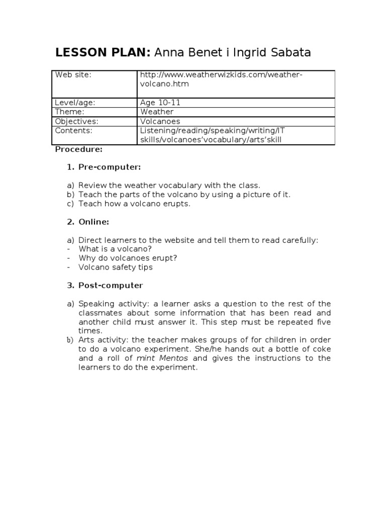 LESSON PLAN: Anna Benet I Ingrid Sabata: Procedure: 1. Pre-Computer | PDF