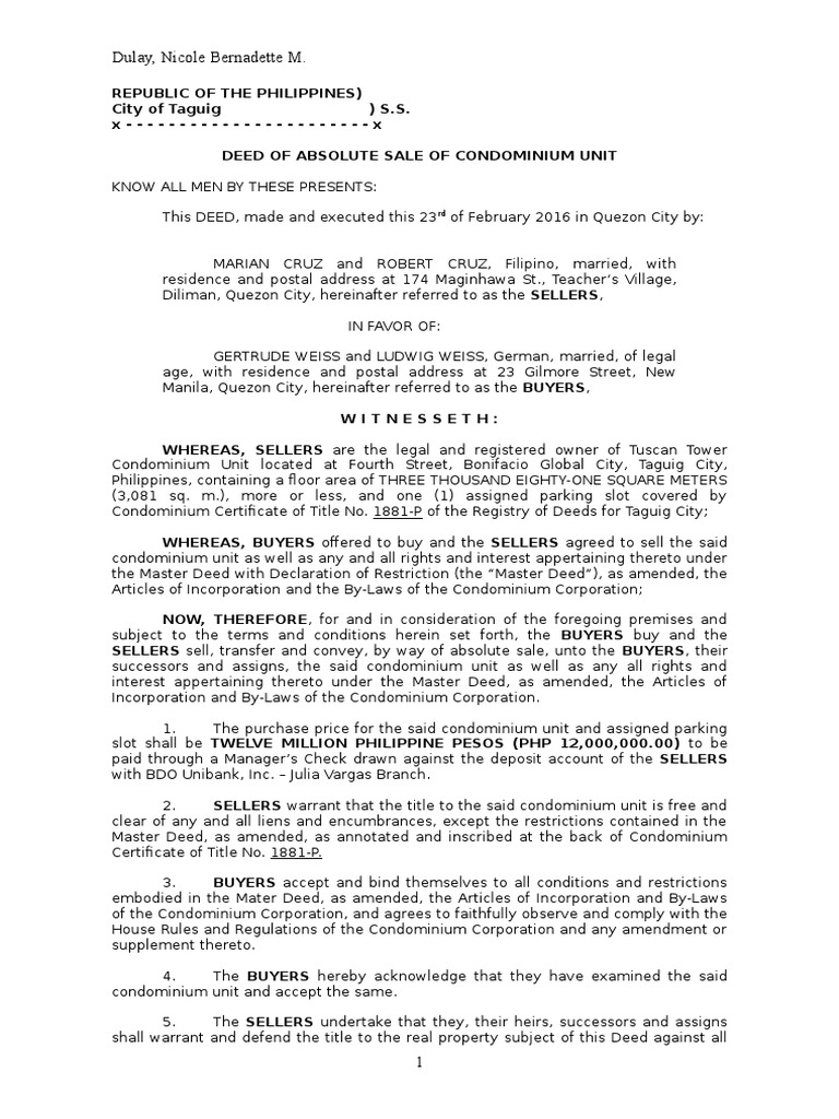 Absolute Deed of Sale | Condominium | Value Added Tax