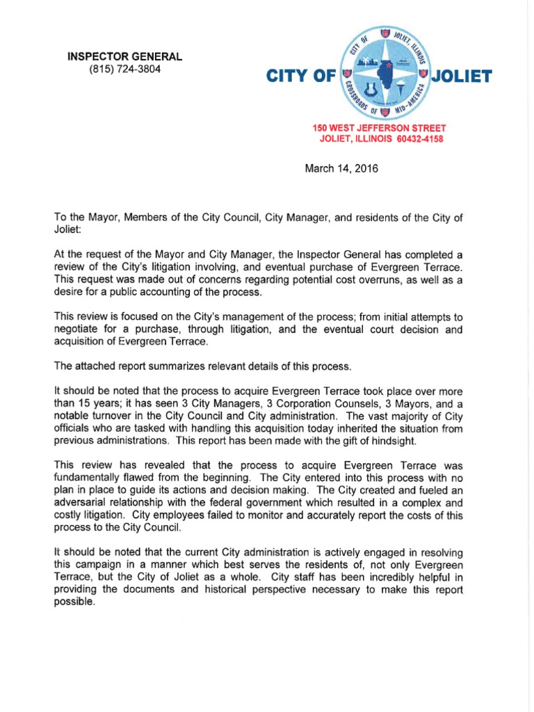 Joliet Inspector General Report On Evergreen Terrace | PDF