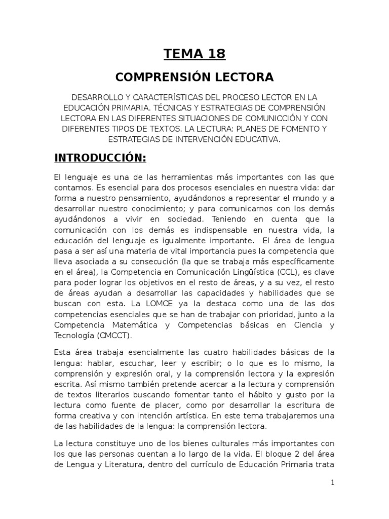 Tema 18. Comprensión Lectora | PDF | Lectura (proceso) | Comprensión ...