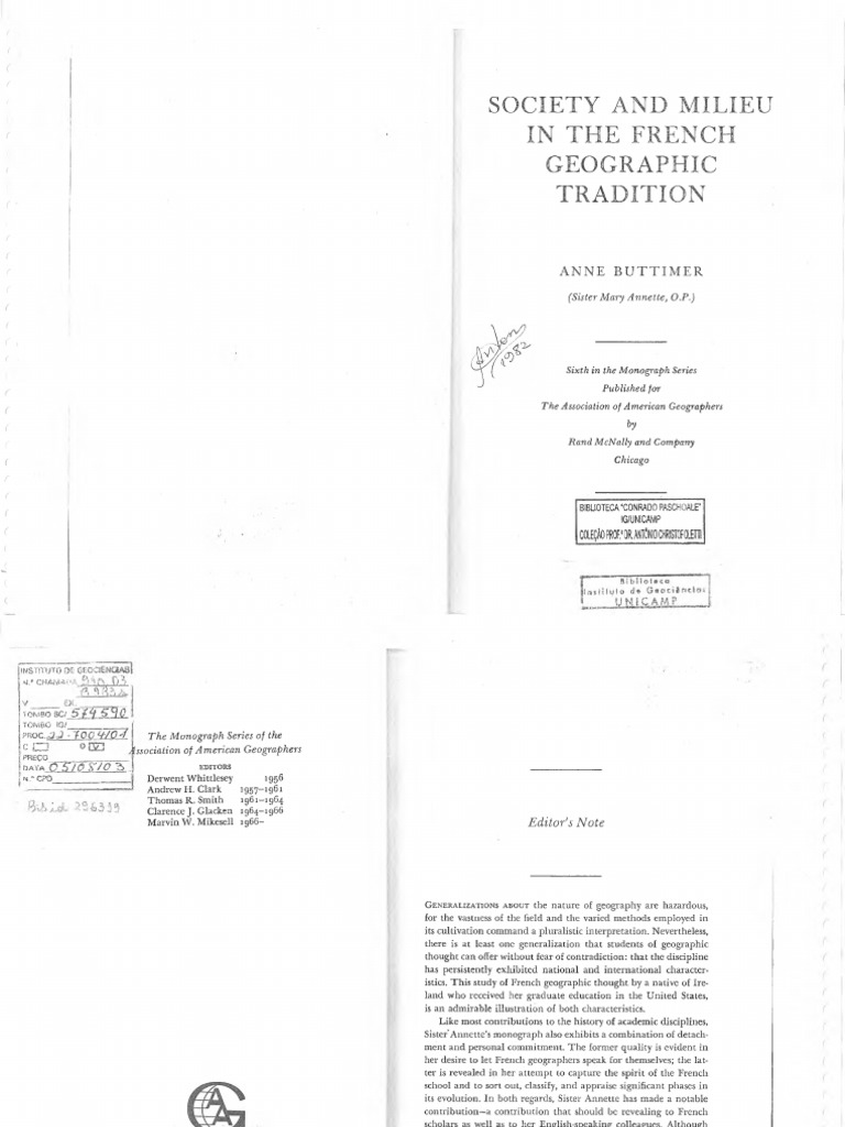 BUTTIMER, Anne. Society and Milieu in The French Geographic Tradition ...