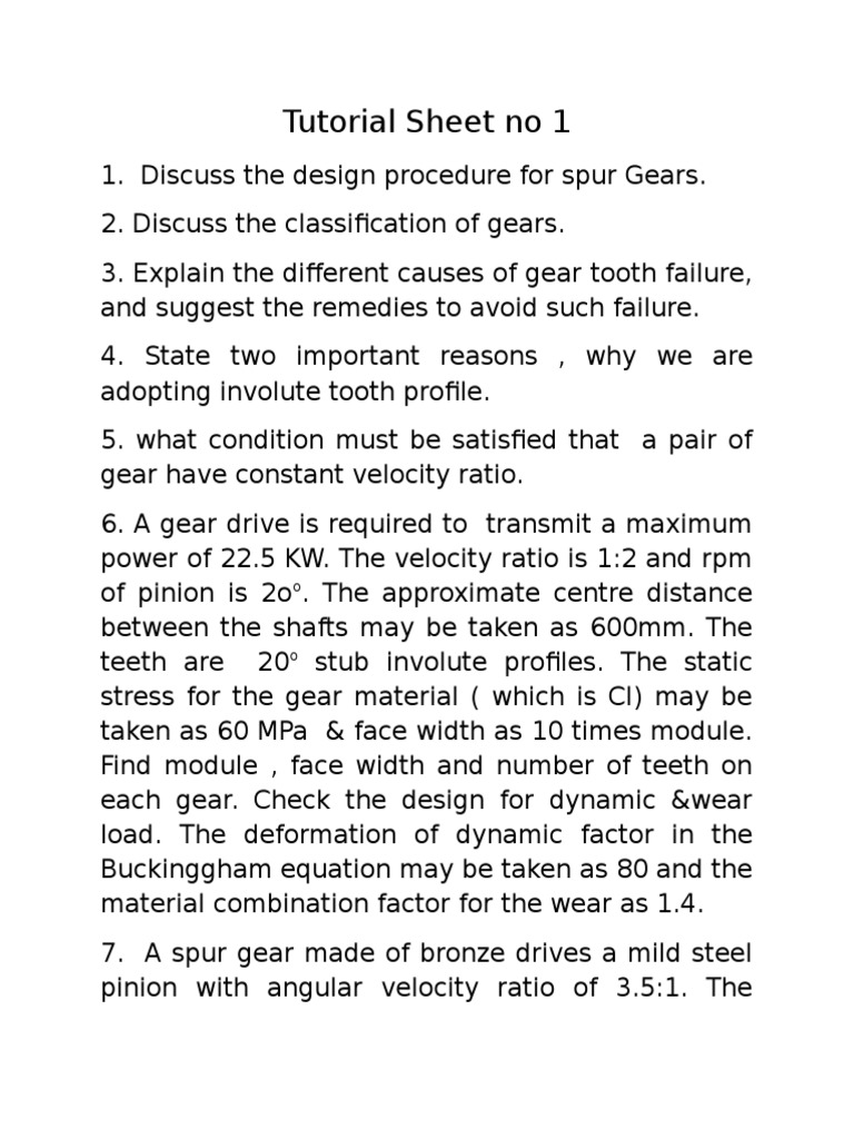 Tutorial Sheet No 1 On Spur Gear Pdf Gear Strength Of Materials