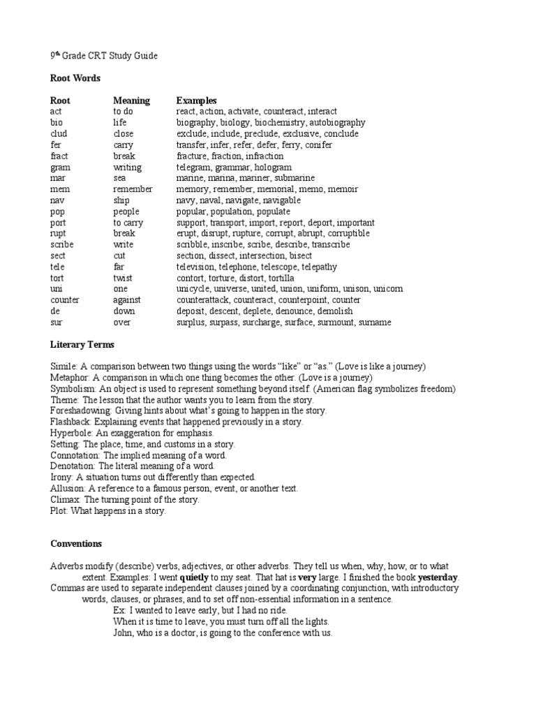 9th Grade CRT Study Guide | PDF | Adverb | Verb